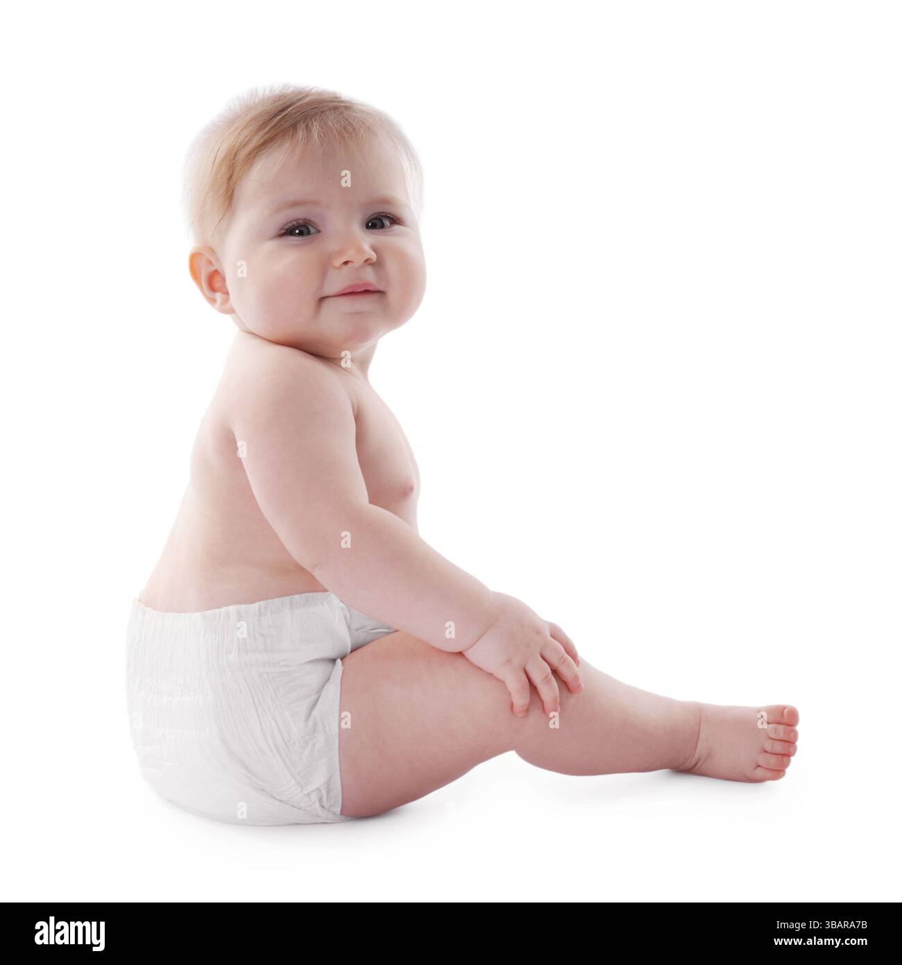 Cute little baby in diaper on white background Stock Photo - Alamy