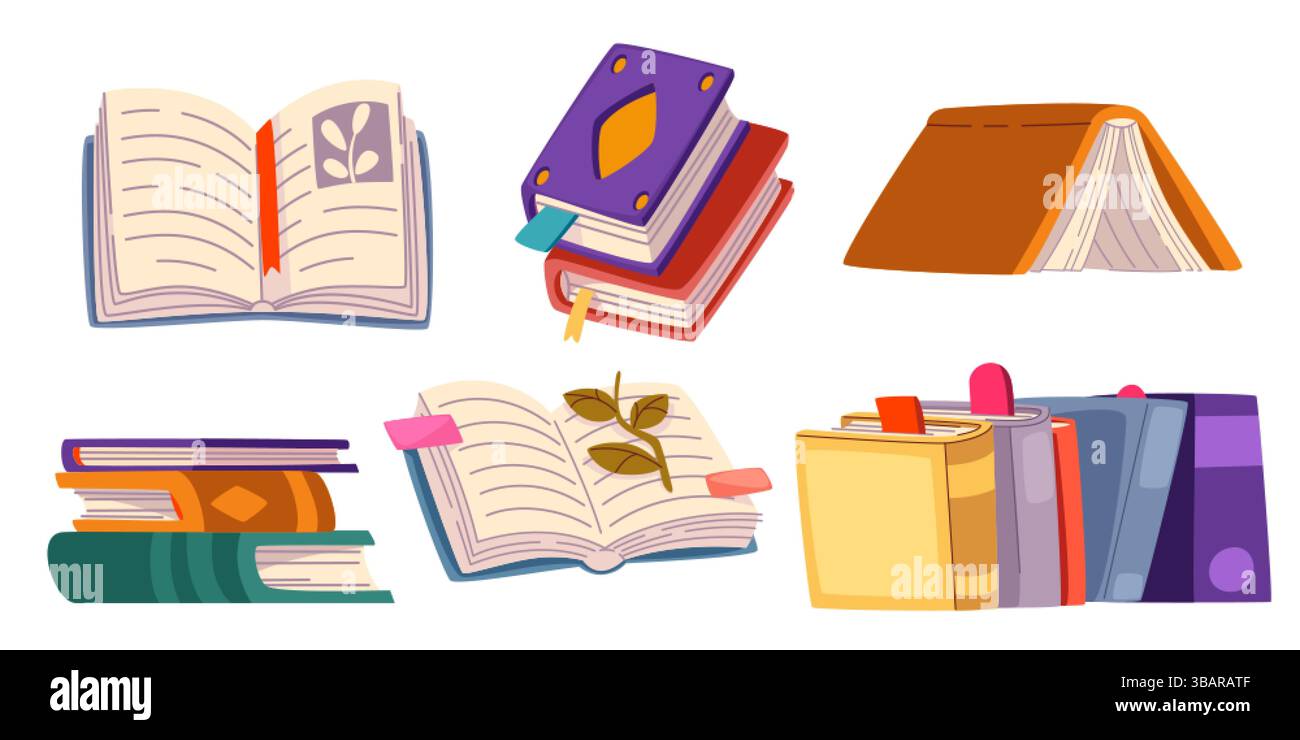 Book piles set isolated on white background. Vector cartoon illustration of paper textbooks ...