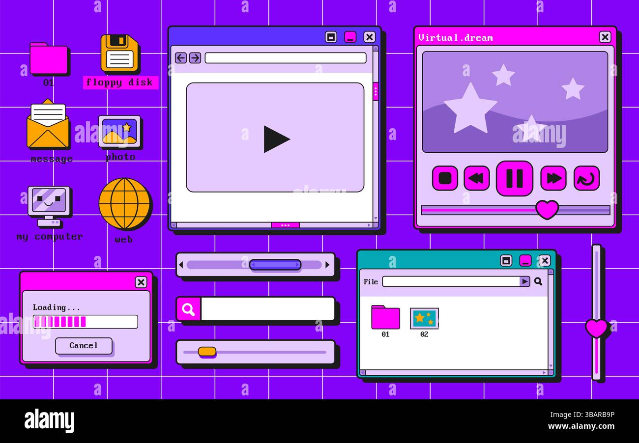 Retro user interface collection - colorful neon graphic elements screen ...