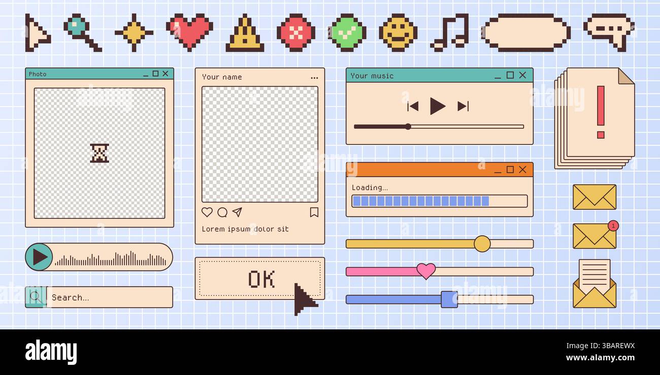 Retro browser window interface elements - profile photo frame, loading progress bar, music ...