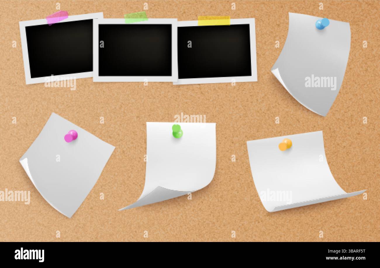 Cork board texture background with pinned blank instant photo frames ...