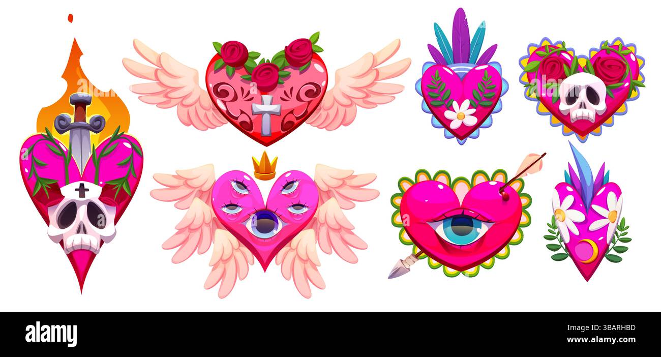 Mexican sacred heart designs - colorful cartoon vector set with flowers ...