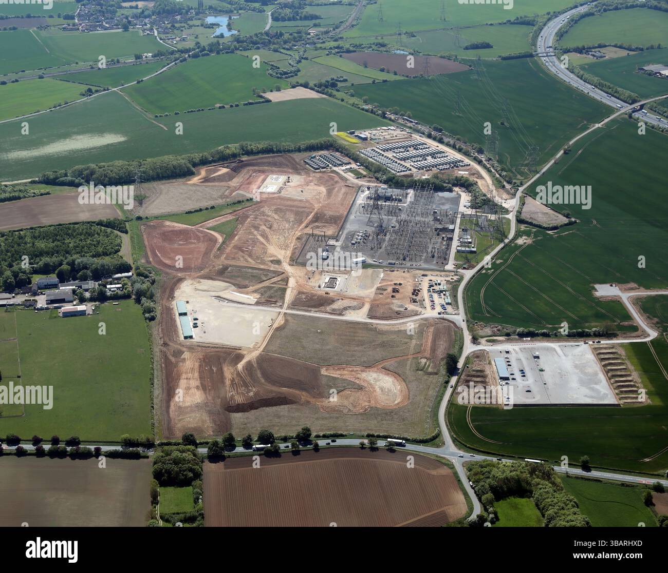 Aerial view of Monk Fryston electrical substation, east of Leeds. With ...