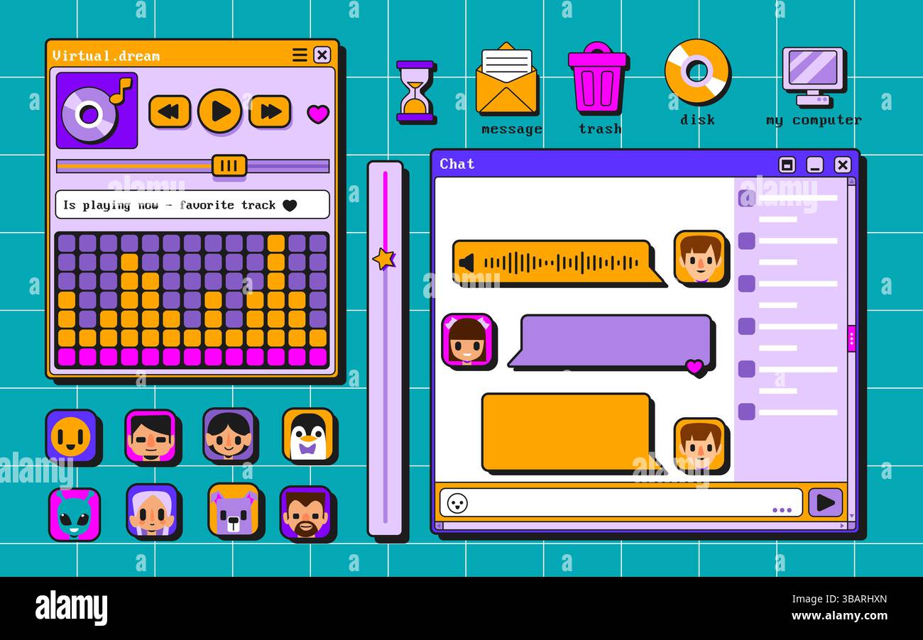 Retro user interface elements collection - chat window template graphic ui kit, music player ...