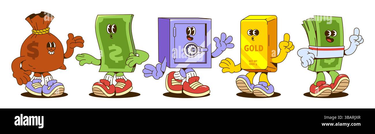Retro money characters set isolated on white background. Vector cartoon ...