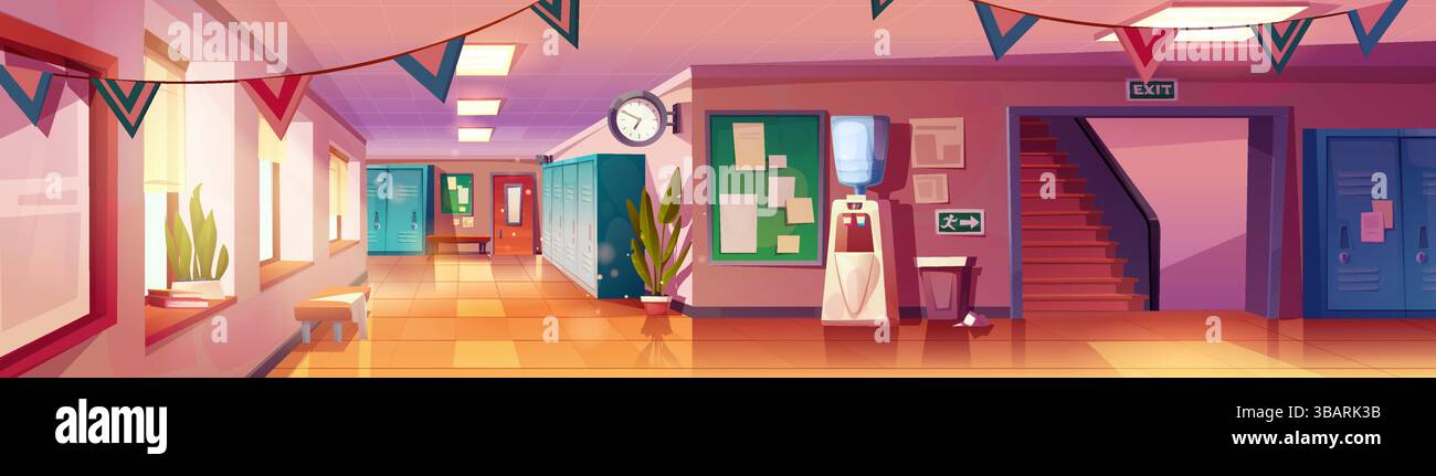School hallway interior with furniture. Vector cartoon illustration of ...