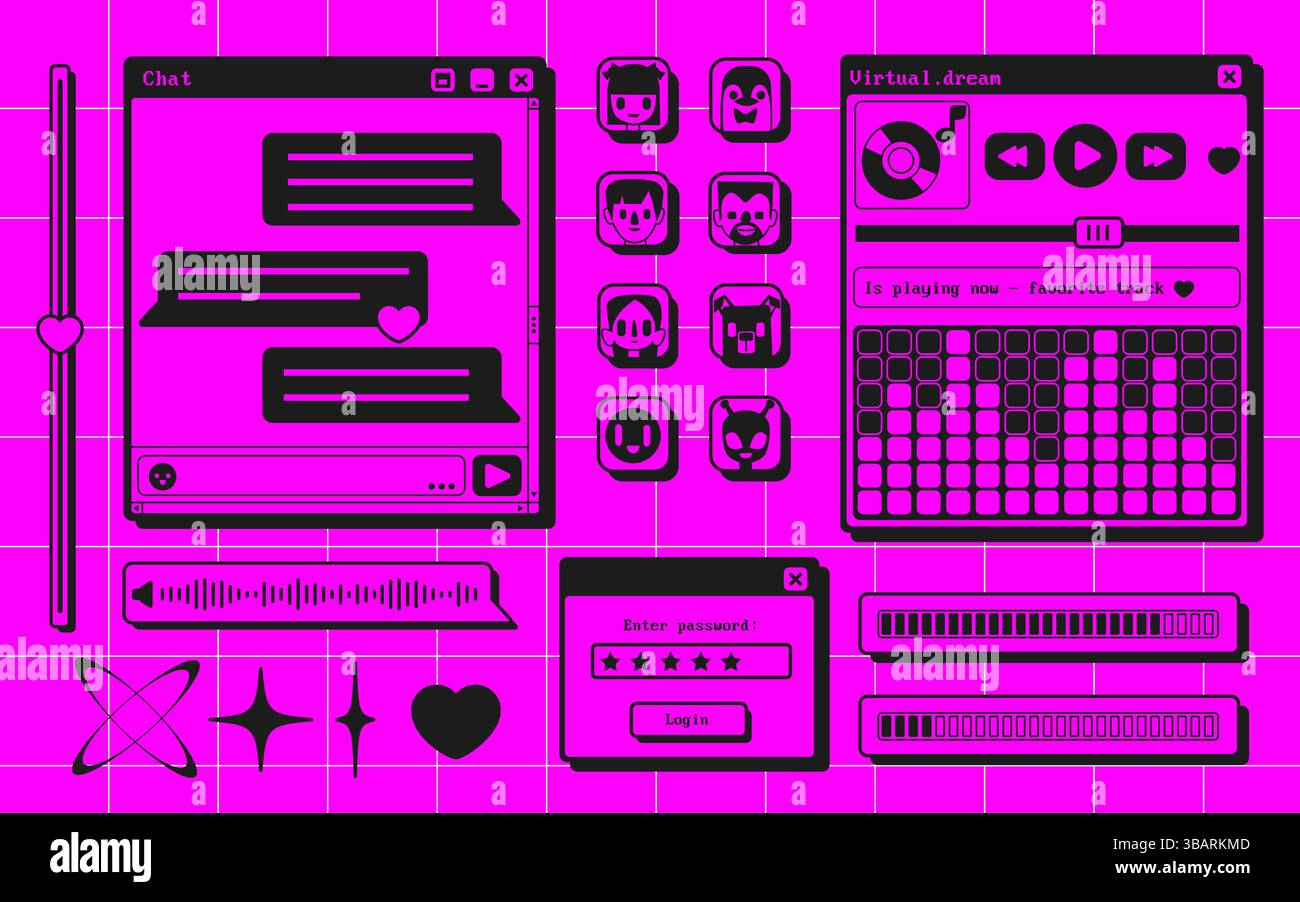 Retro user interface screens - music player, chat window template ...