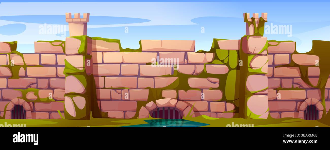 Medieval ancient castle wall with mossy stone brick and fortification ...