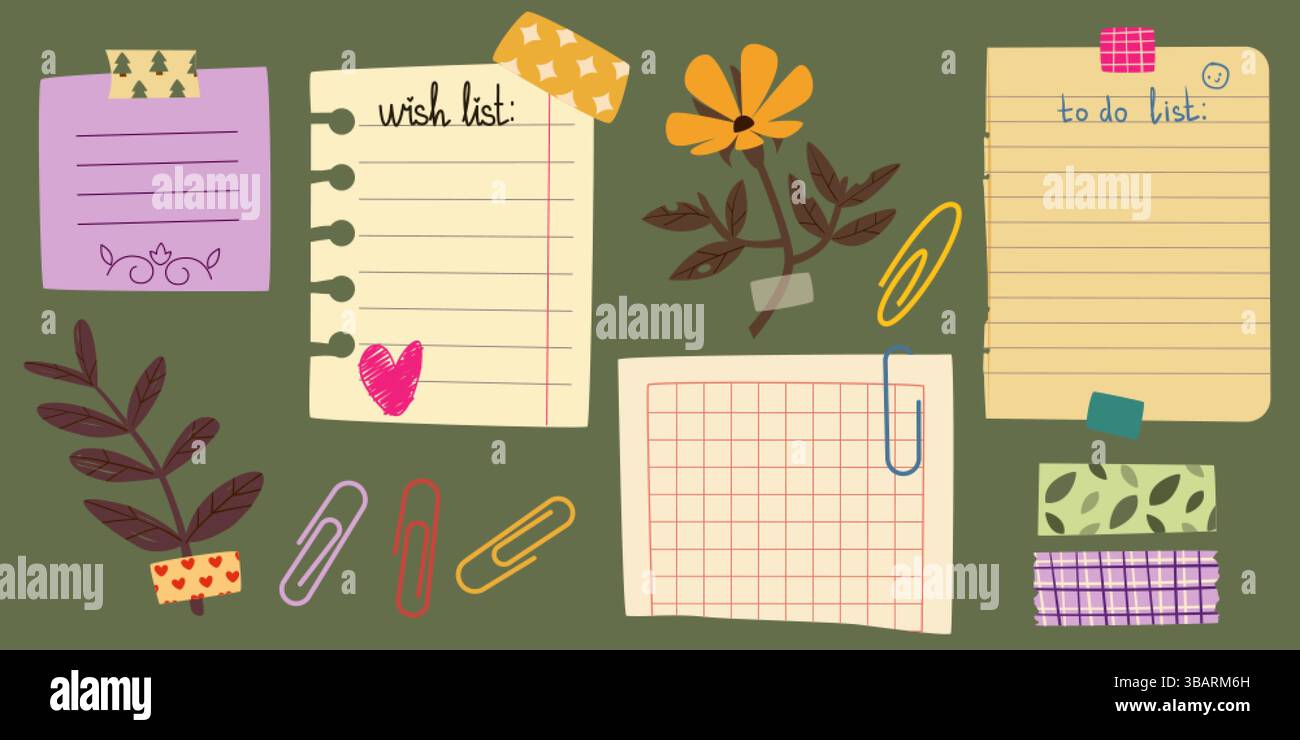 Notebook paper notes and flowers on green planner board background ...