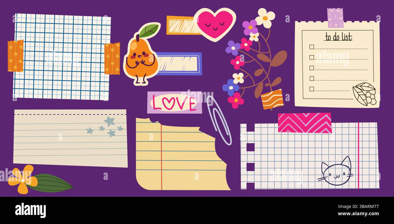 Cute colorful hand drawn memo sticky notes - lined ruled notepaper ...