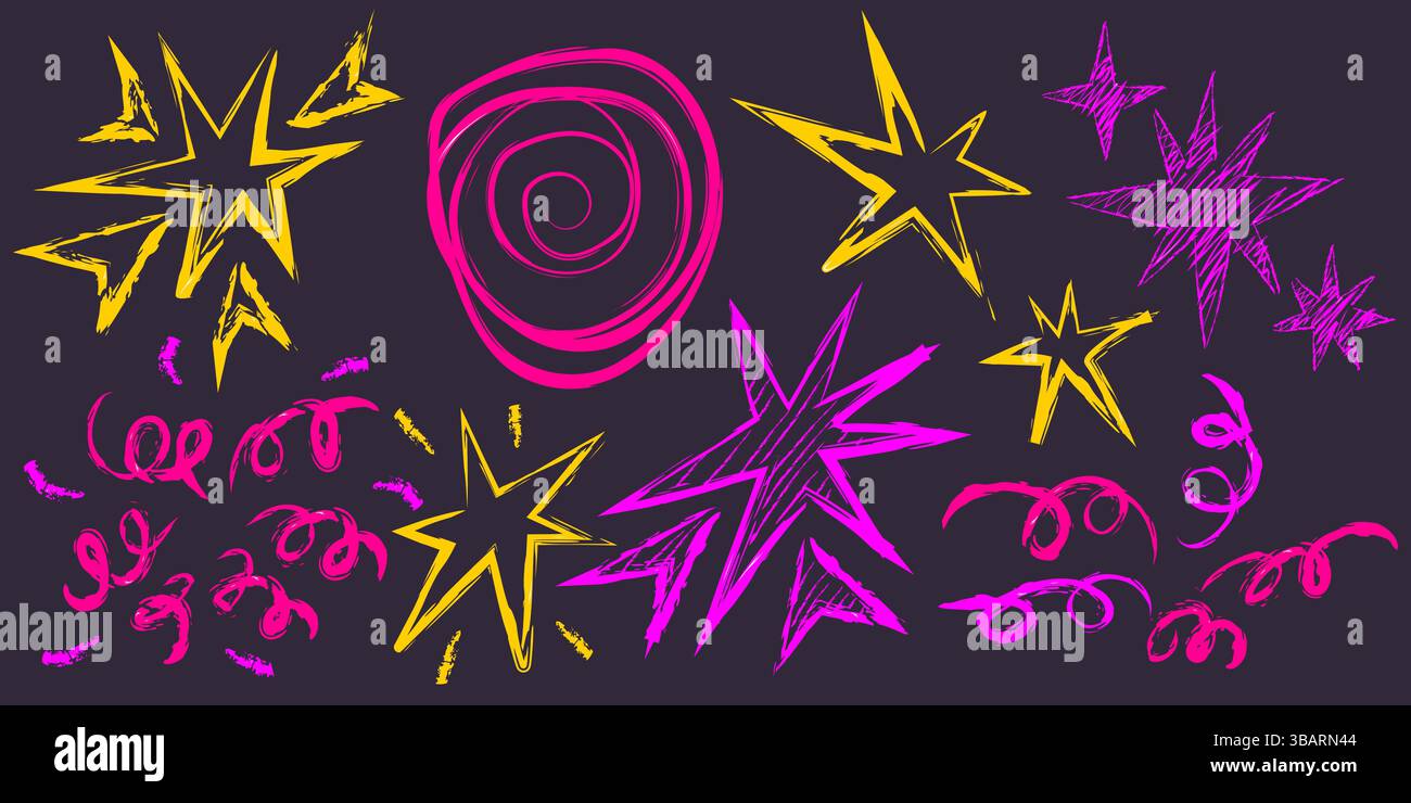 Neon firework crayon doodles - vibrant pink spiral, yellow spiked ...