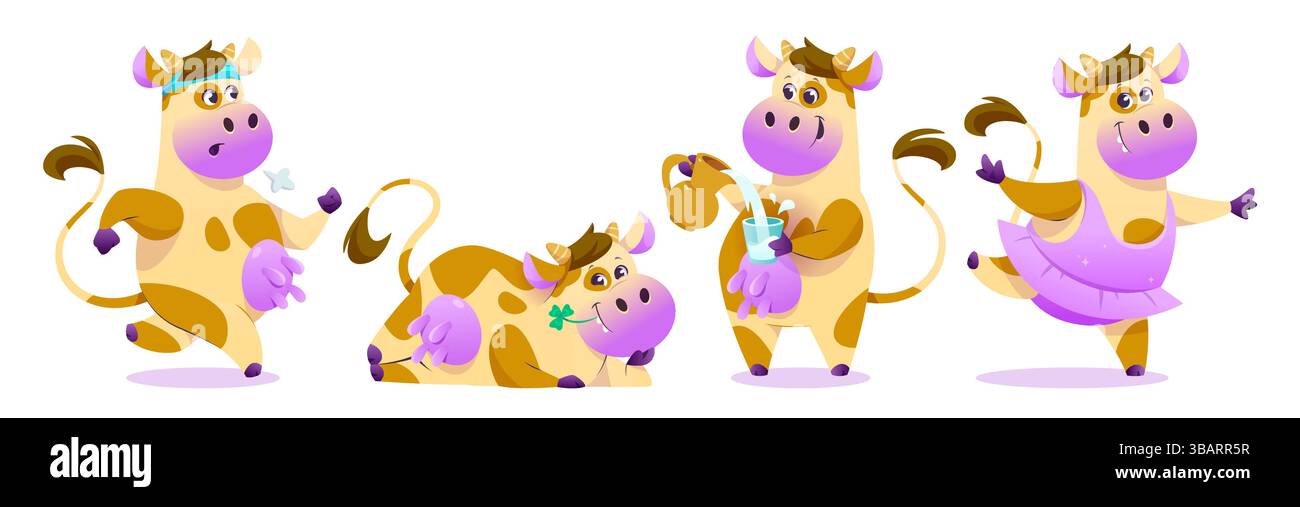Funny cow characters set isolated on white background. Vector cartoon ...