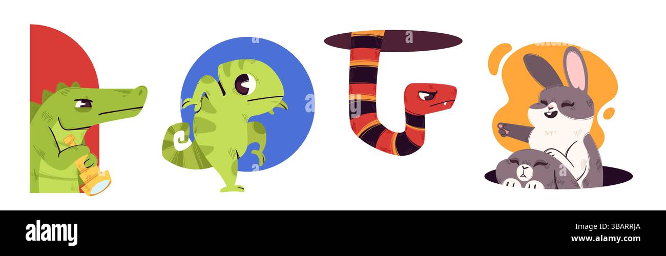 Peeking animals set isolated on white background. Vector cartoon illustration of suspicious ...