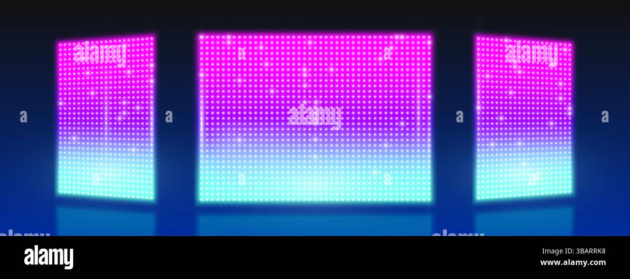 LED screen stage background with glowing neon pink and blue pixel dot ...