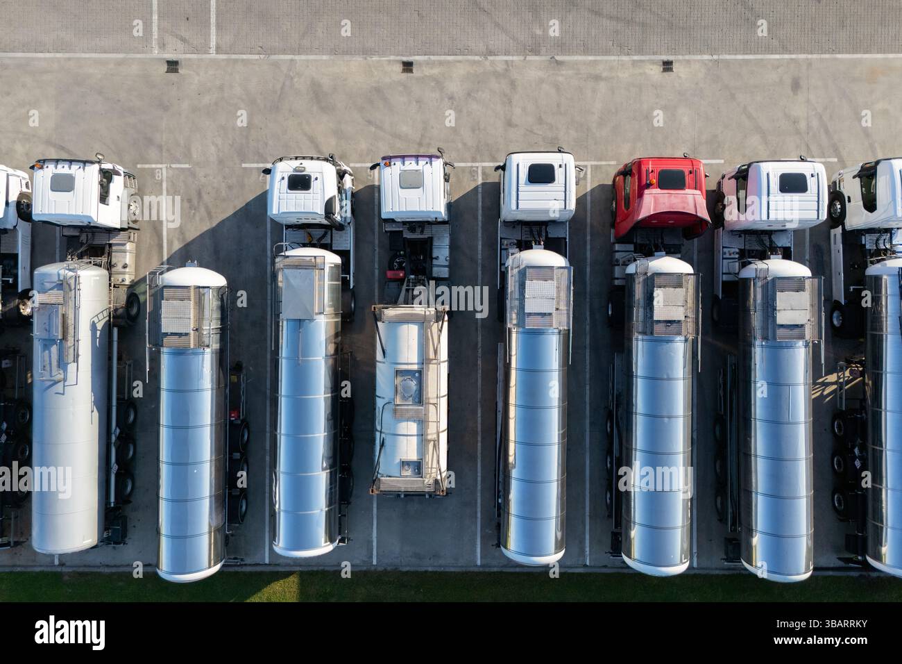 Fleet of trucks with tank trailers. Aerial view Stock Photo - Alamy
