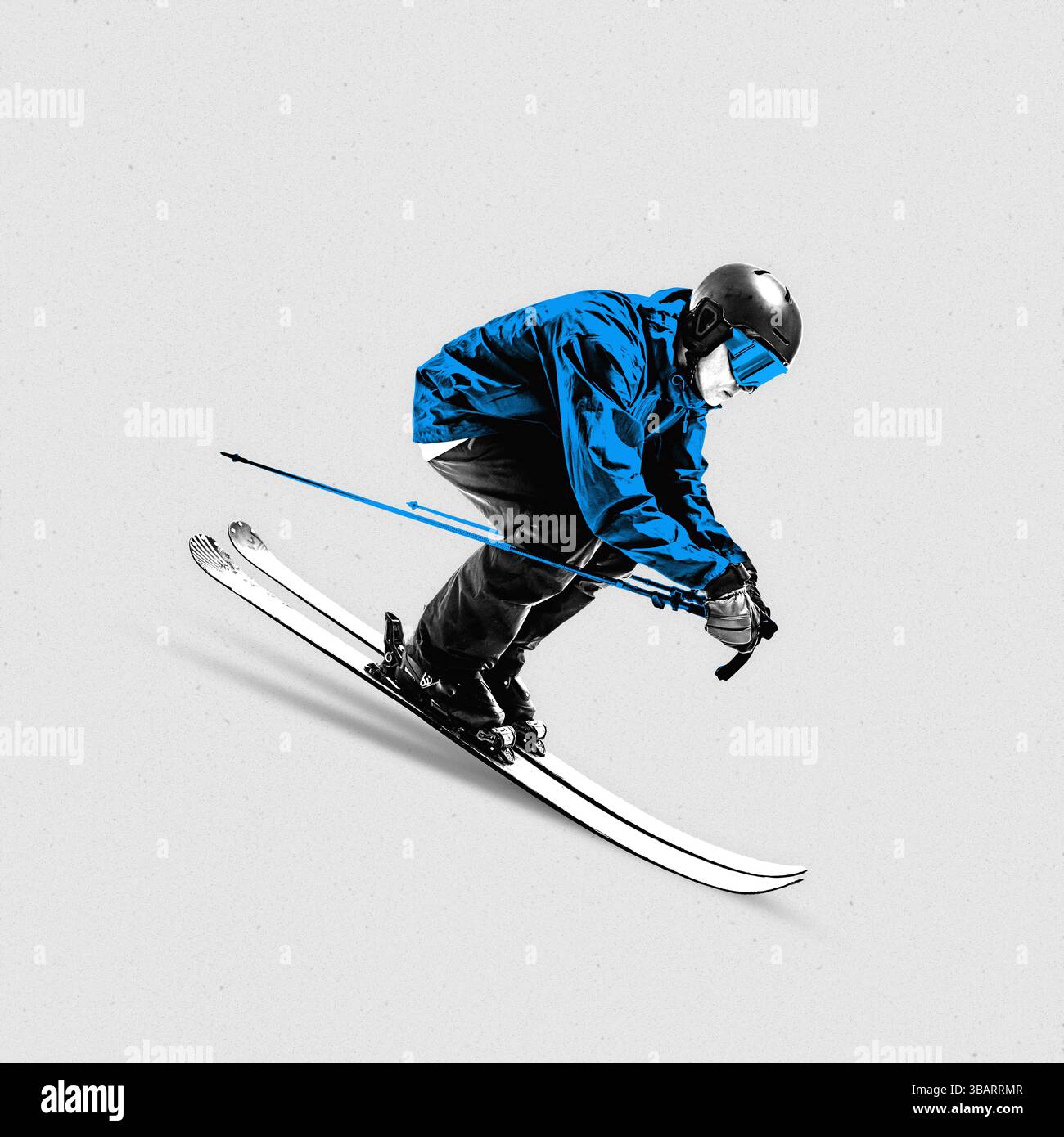 Poster. Contemporary artwork. Downhill skier in blue cuts across slope ...
