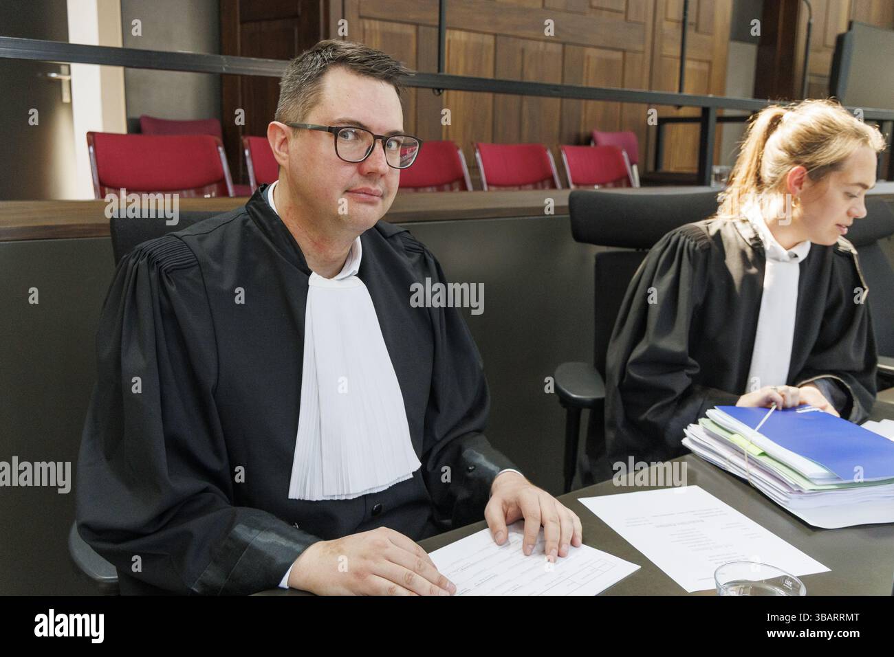 Brugge, Belgium. 13th May, 2025. Lawyer Jelle Dejaegher and Lawyer Sarah Leysen pictured during ...