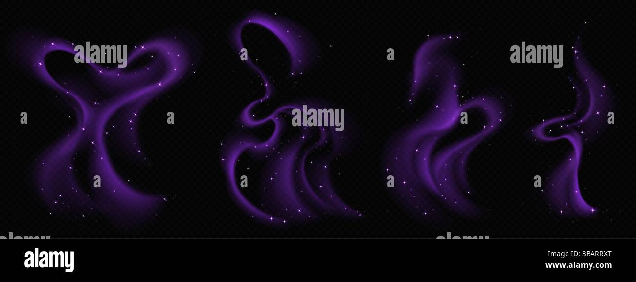 Magical purple smoke trails set - wispy curvy lines with glowing ...