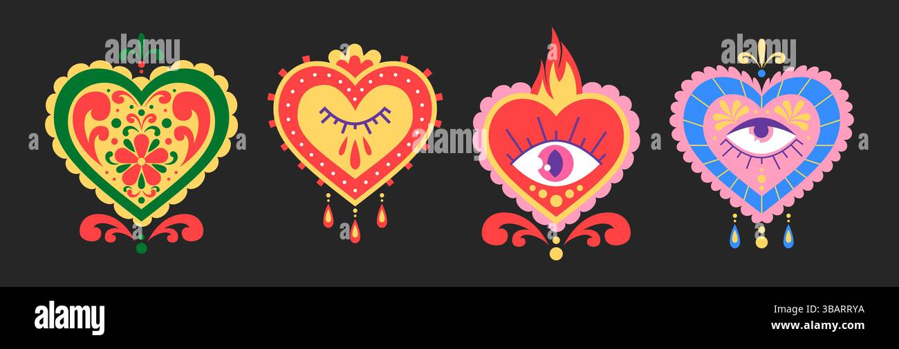Mexican folk art hearts set - ornate decorative love symbols with ...