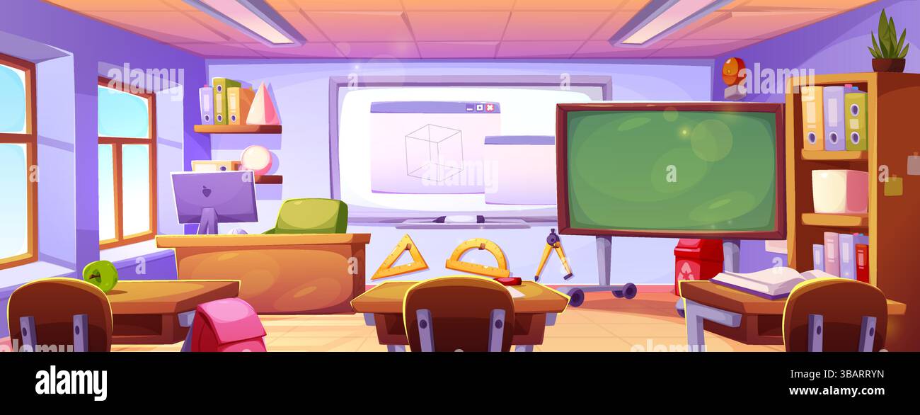 Cartoon school classroom interior view with geometric shapes, measuring ...