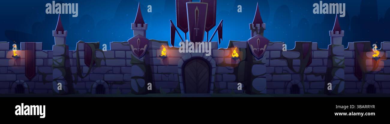 Medieval castle wall at night, ancient fortress exterior. Stone towers ...