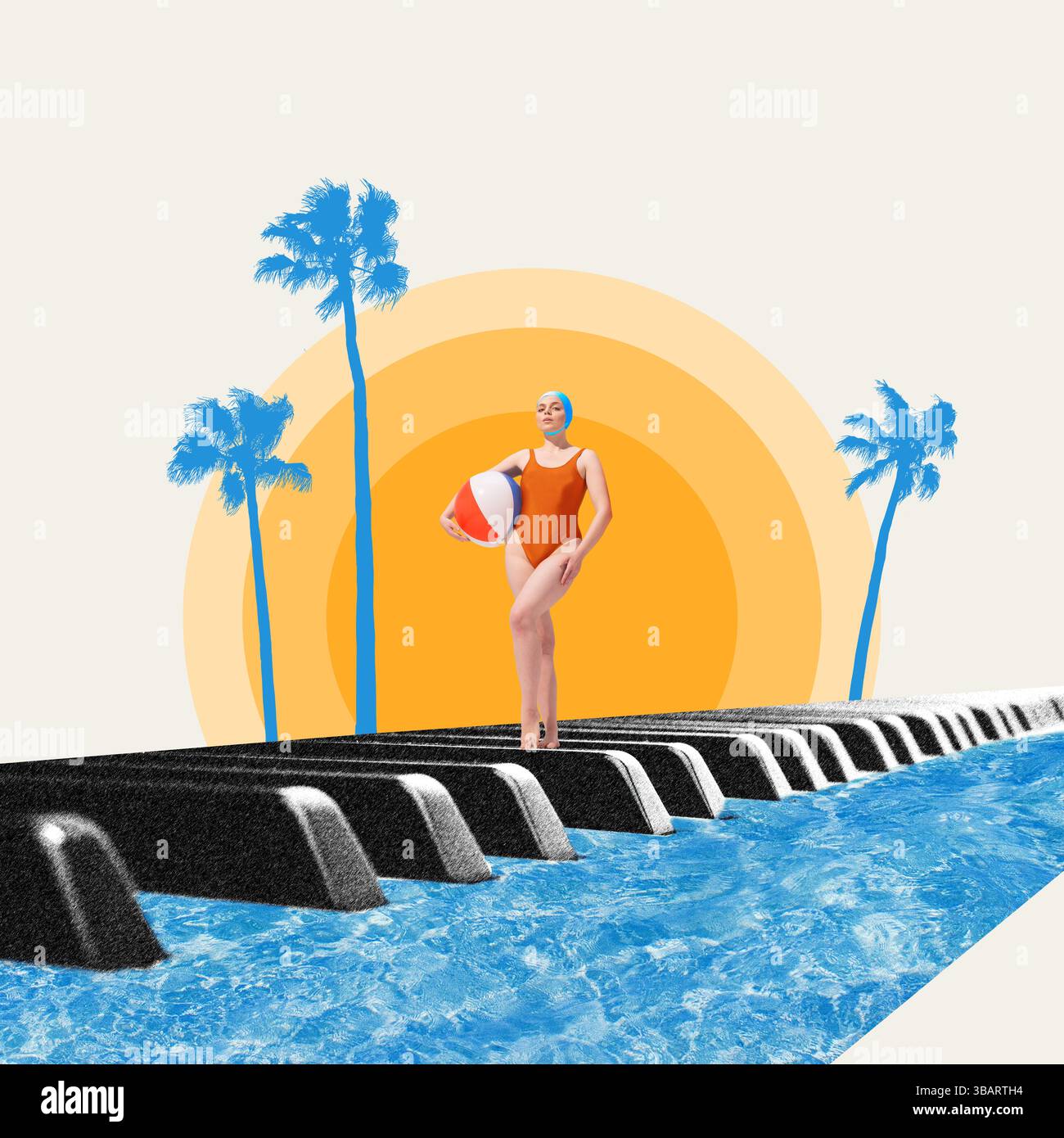 Woman in swimsuit with ball stands on piano keys extending into water ...