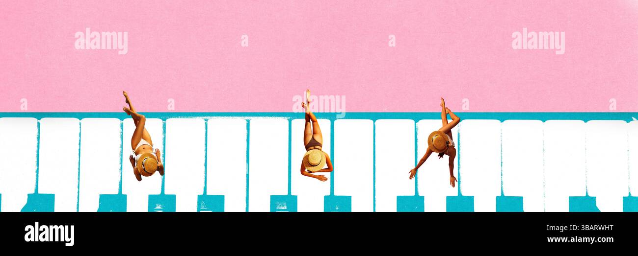 Same woman in swimsuits lying, sunbathing on giant piano keys like near ...