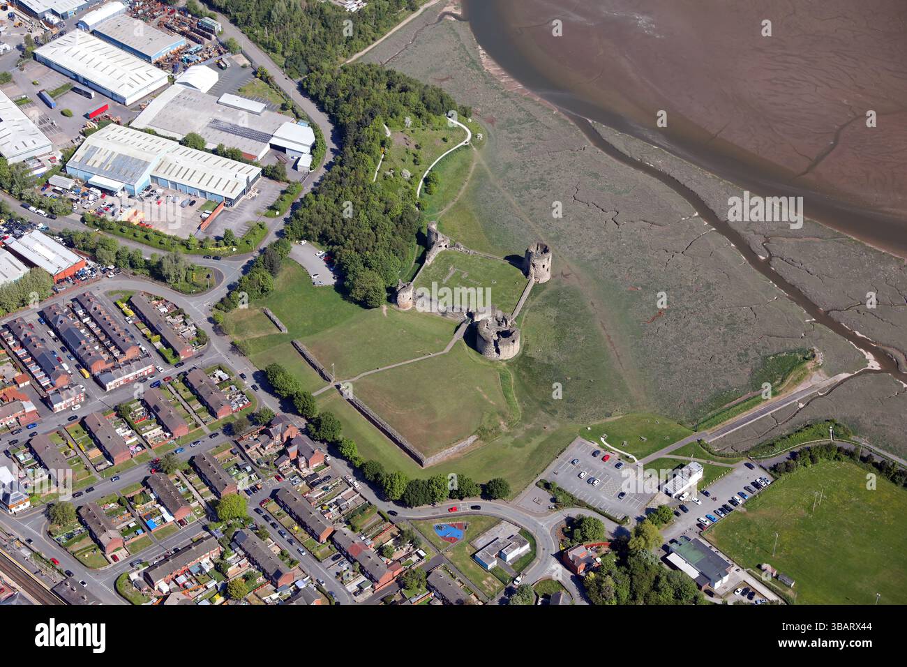 Aerial view of the town of Flint in North Wales. The Castle and River ...