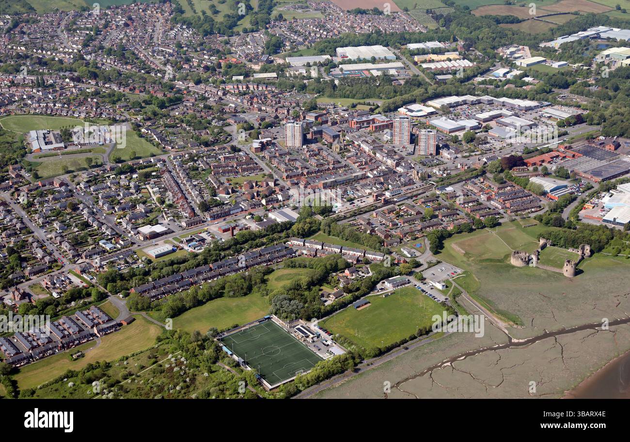 Aerial view of the town of Flint in North Wales. The Castle and River ...