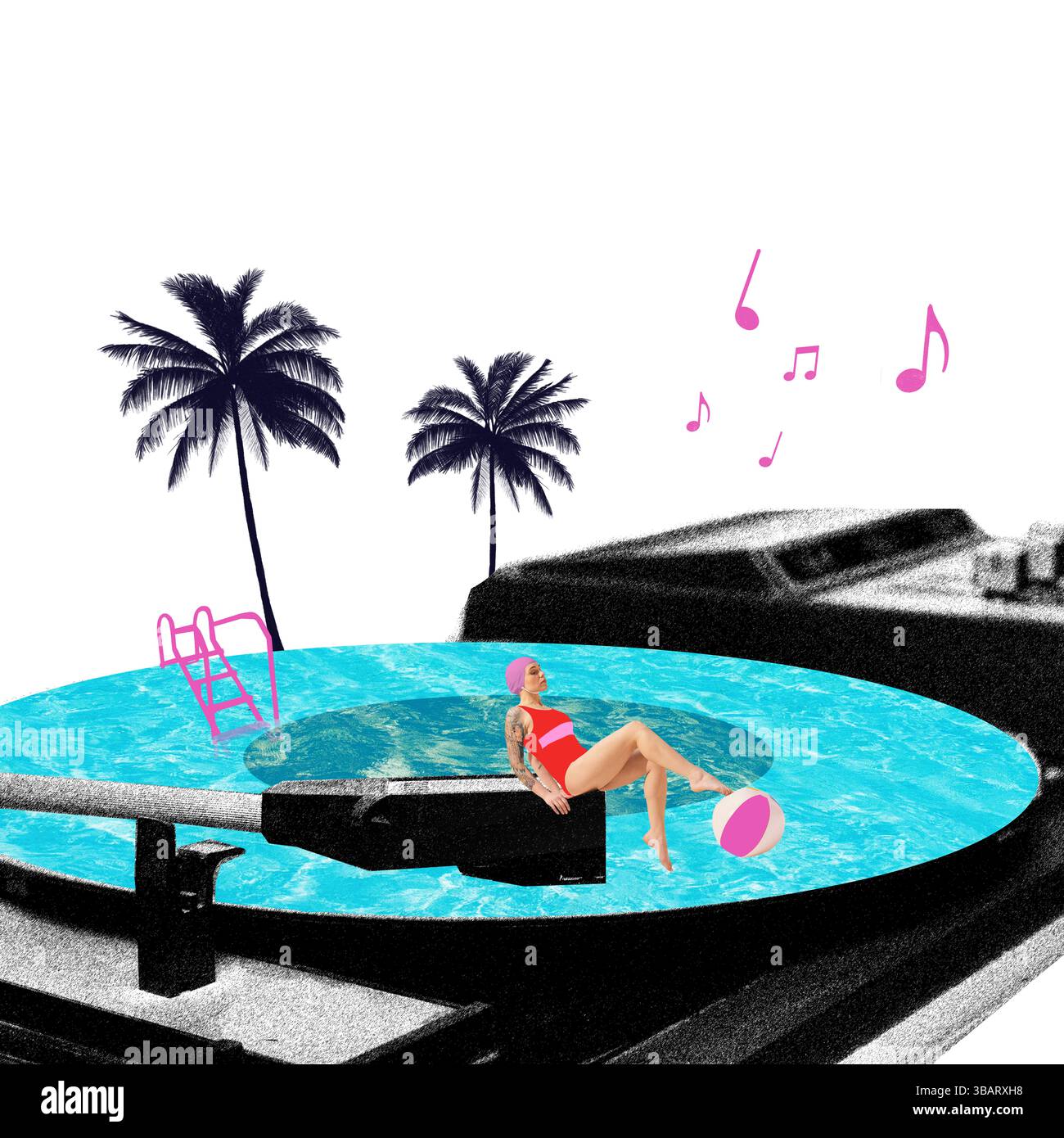 Woman in swimsuit relaxes in pool on giant vinyl record near palm trees ...