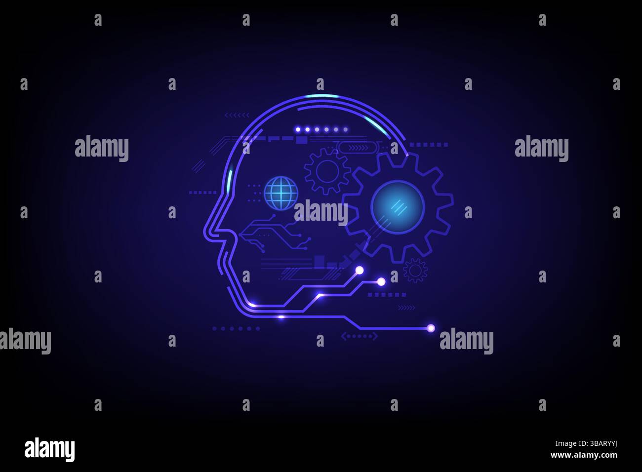 A glowing neon outline of a human head integrated with gears and circuit patterns, symbolizing ...