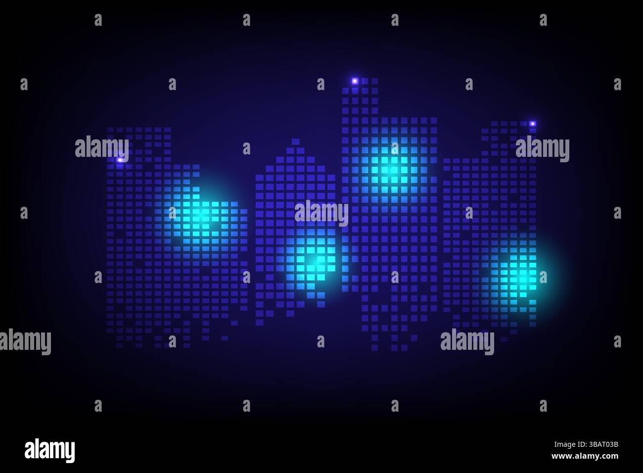 Abstract cityscape made of glowing blue pixels on a dark background ...