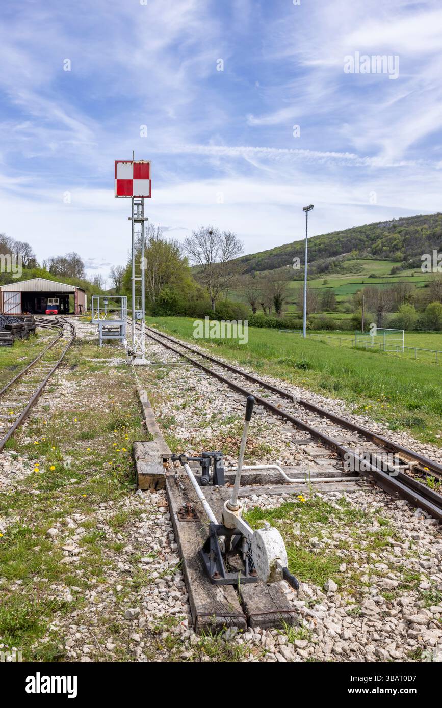 Old manual railroad switch lever at a small train station in Bourgogne ...