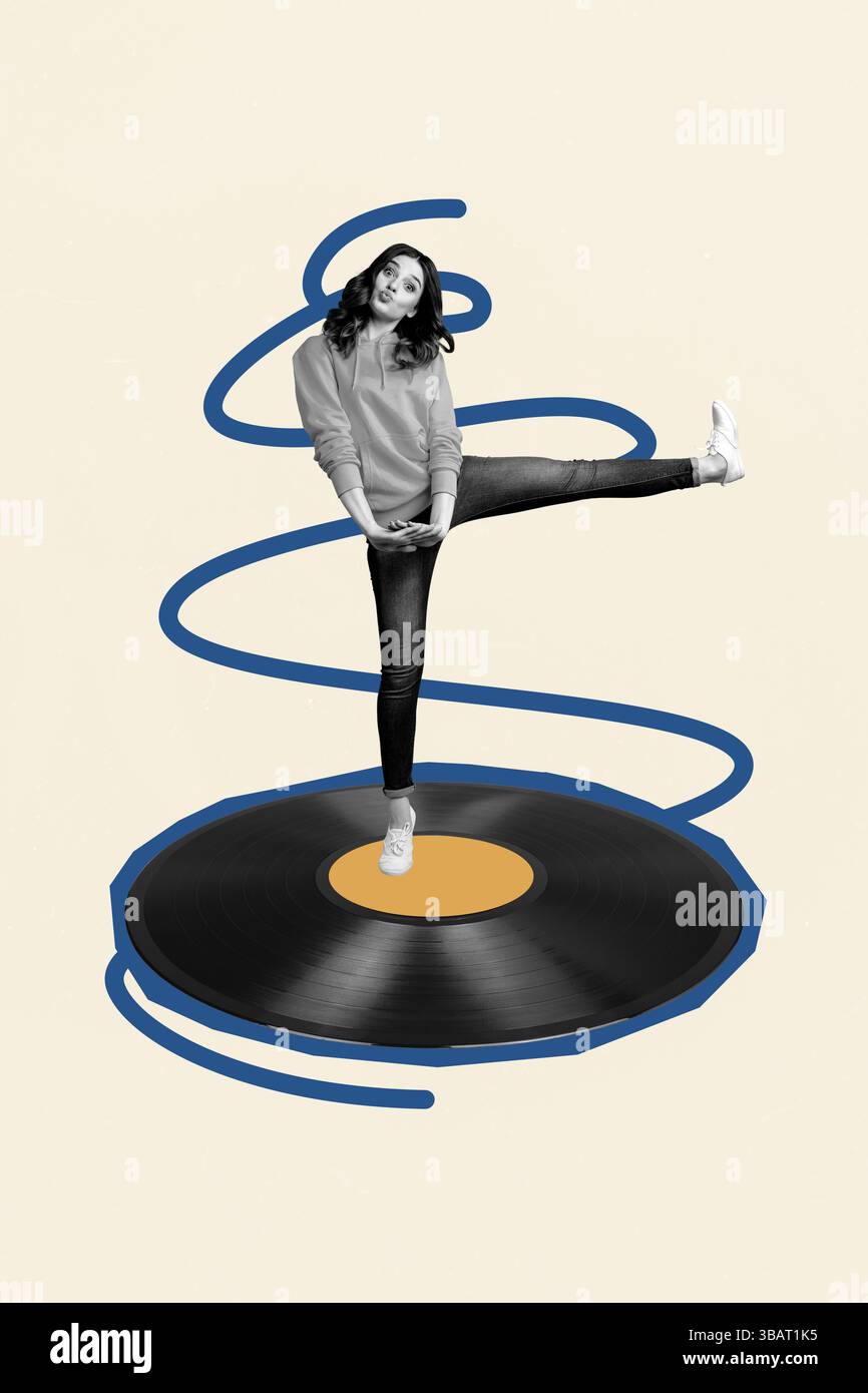 Banner image collage of person stand dance on vinyl plate pastel color ...