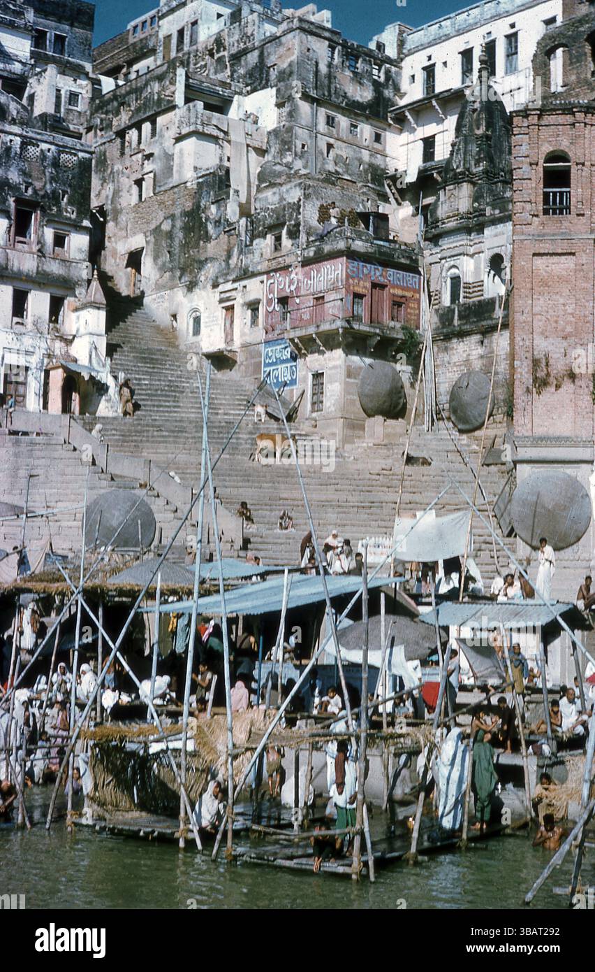 1960s, historical, pilgrims on the embankment of the Ganges river ...