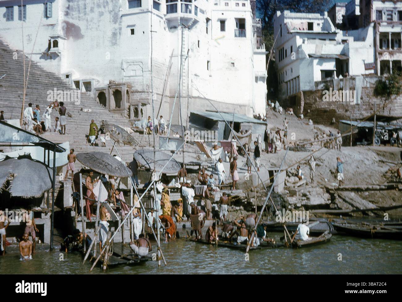 1960s, historical, pilgrims on the embankment of the Ganges river ...