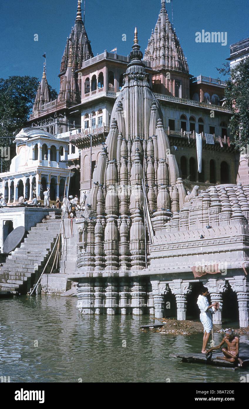 1960s, historical, ancient buildings on the ganges river, Benares ...