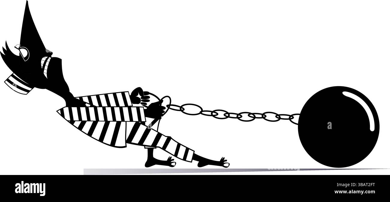 Prisoner with an iron ball chained to his foot. Cartoon prisoner drags ...