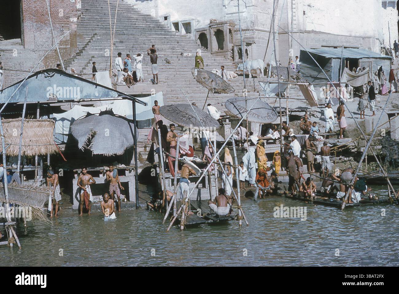 1960s, historical, embankment on the ganges river, Benares, India, at ...