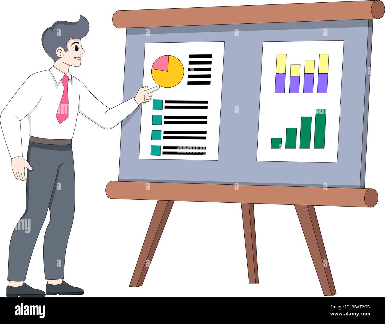 Illustration of an office employee presenting a detailed table with ...