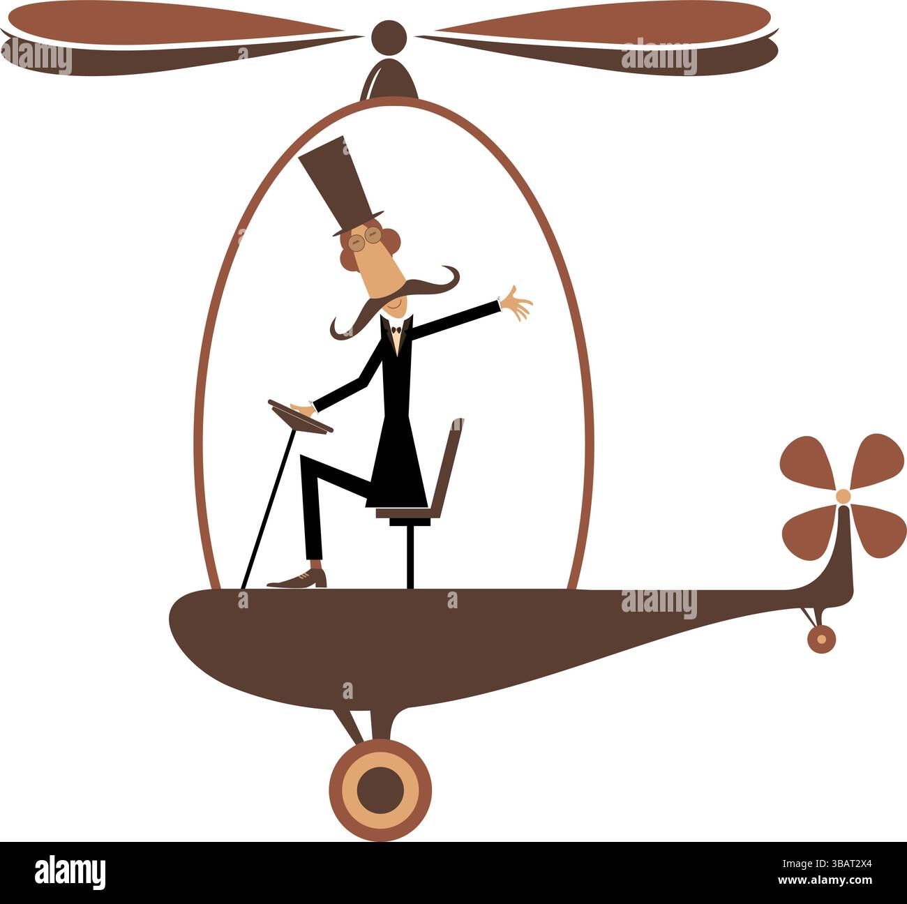 Funny man in the top hat flies on the helicopter. Funny long mustache ...