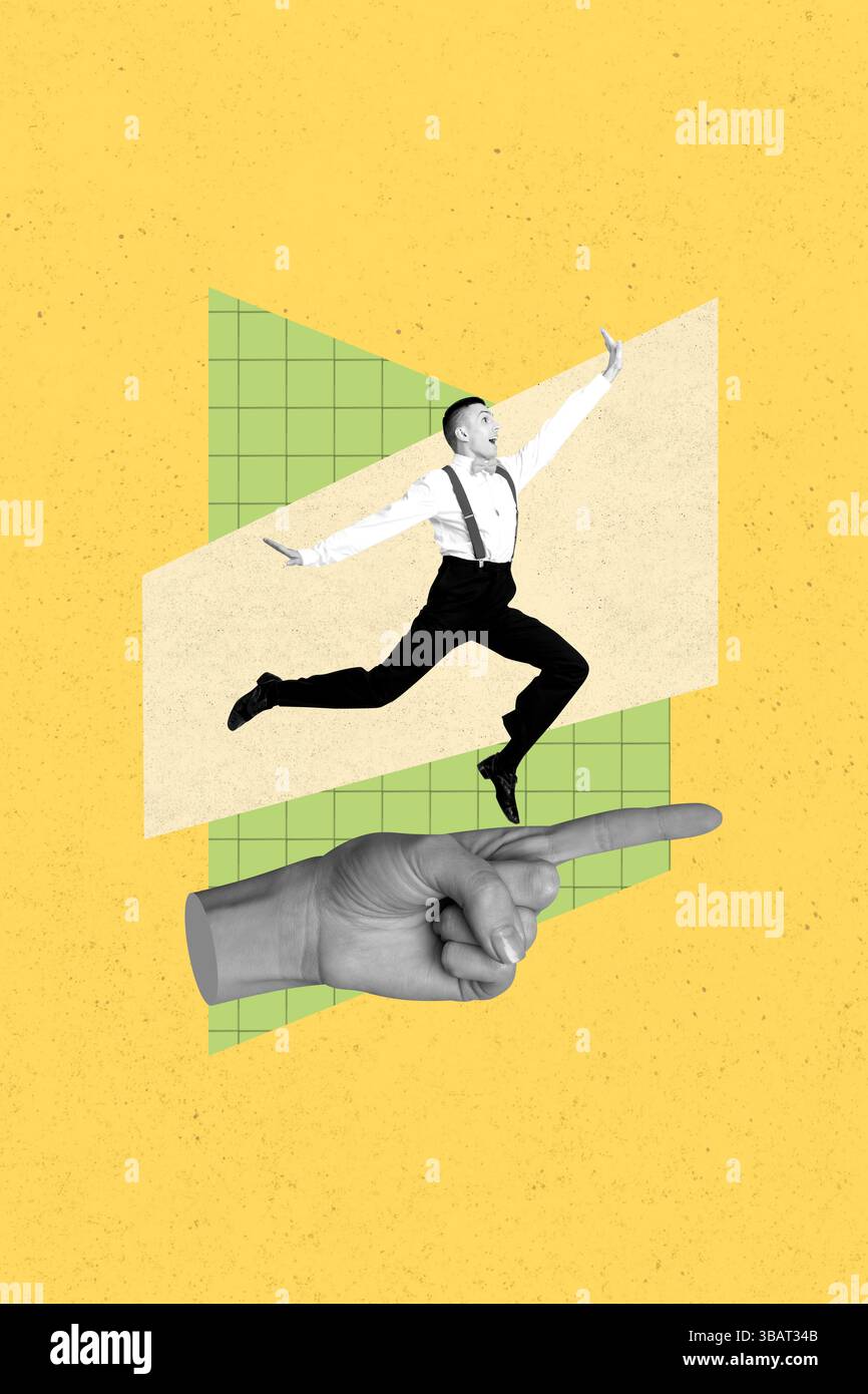 Poster banner collage of person stand on hand finger demonstrate yellow ...