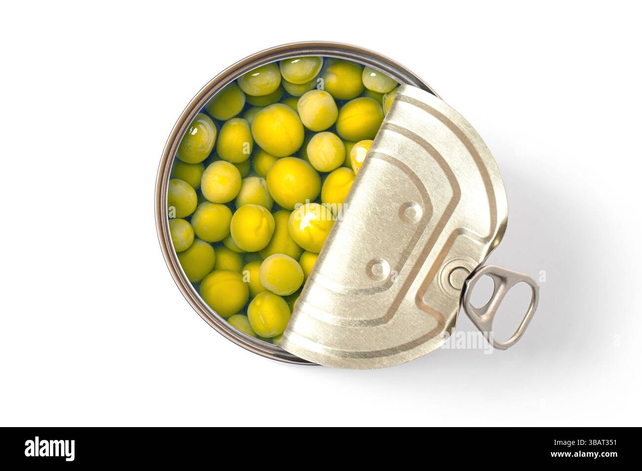 Tin can of green peas isolated on white background, being opened, ready ...