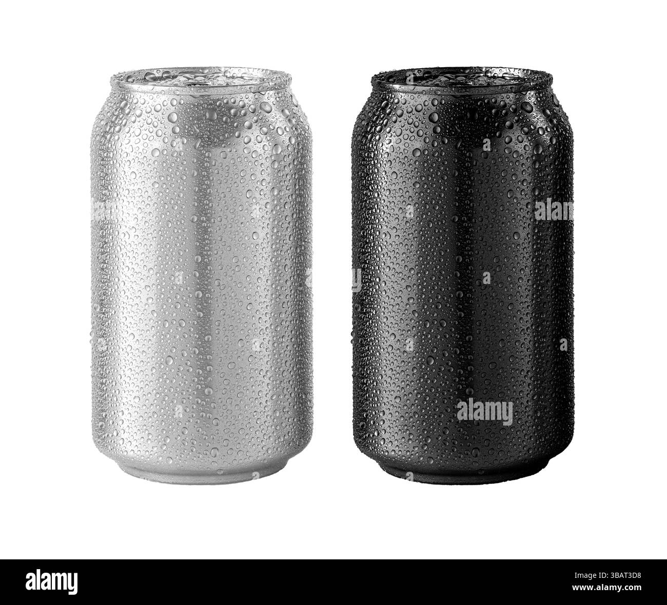 silver and black soda cans covered with condensation, isolated on white ...