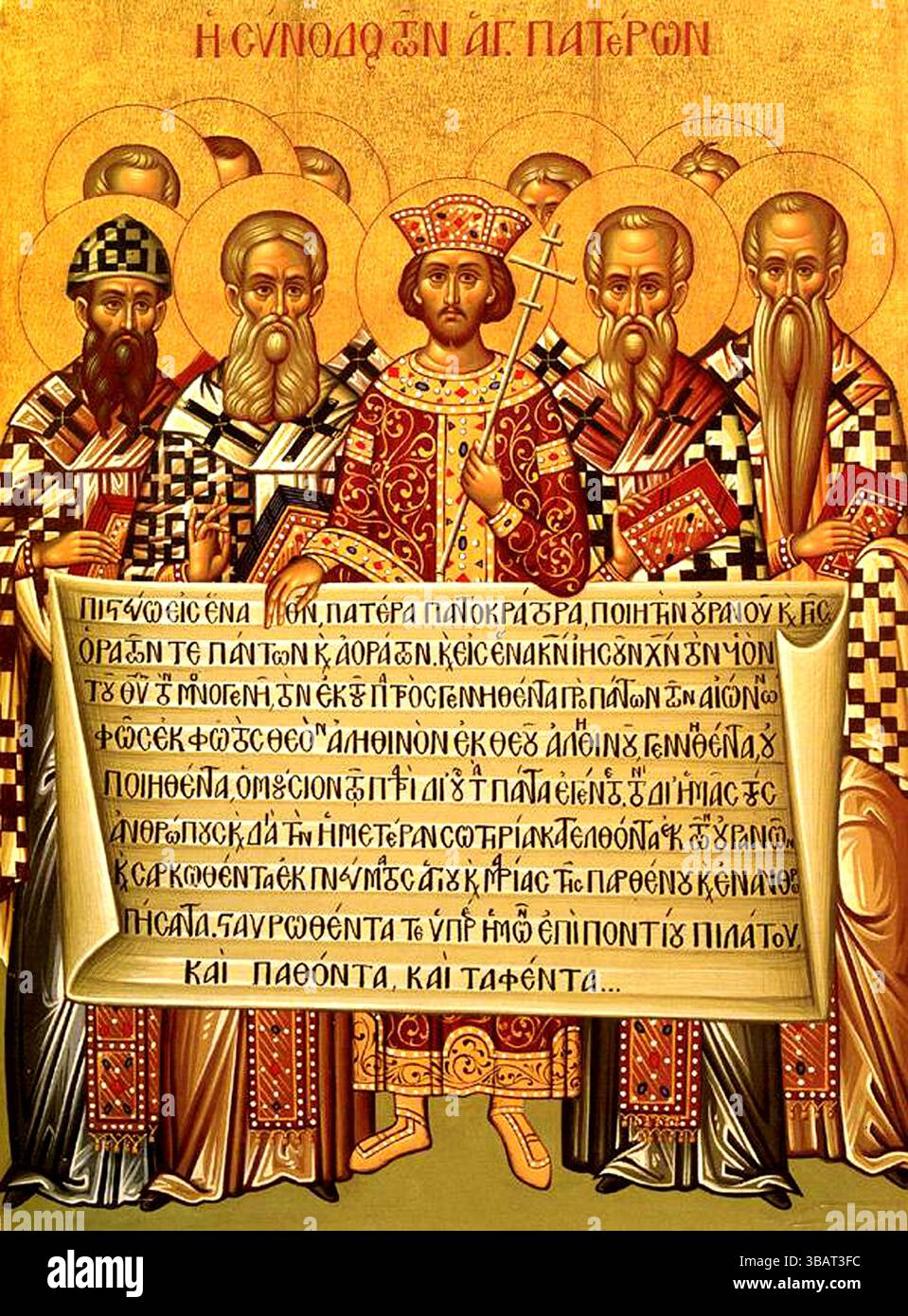 Symbolum Nicaeno-Constantinopolitanum. Icon depicting the First Council of Nicaea with ten men ...