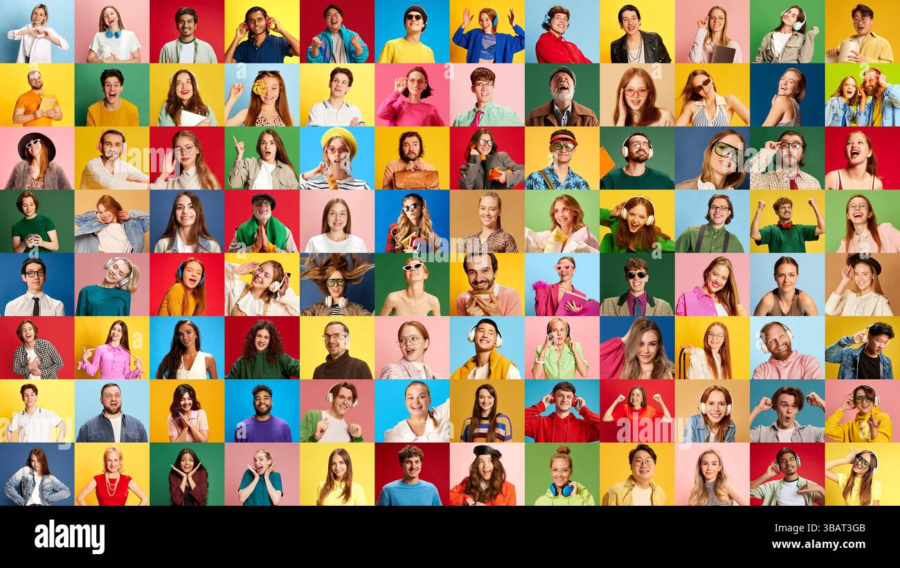 Group portrait of expressive individuals of different ethnicities and ...