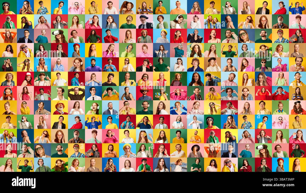 Large group of people of various races and styles expressing joy ...