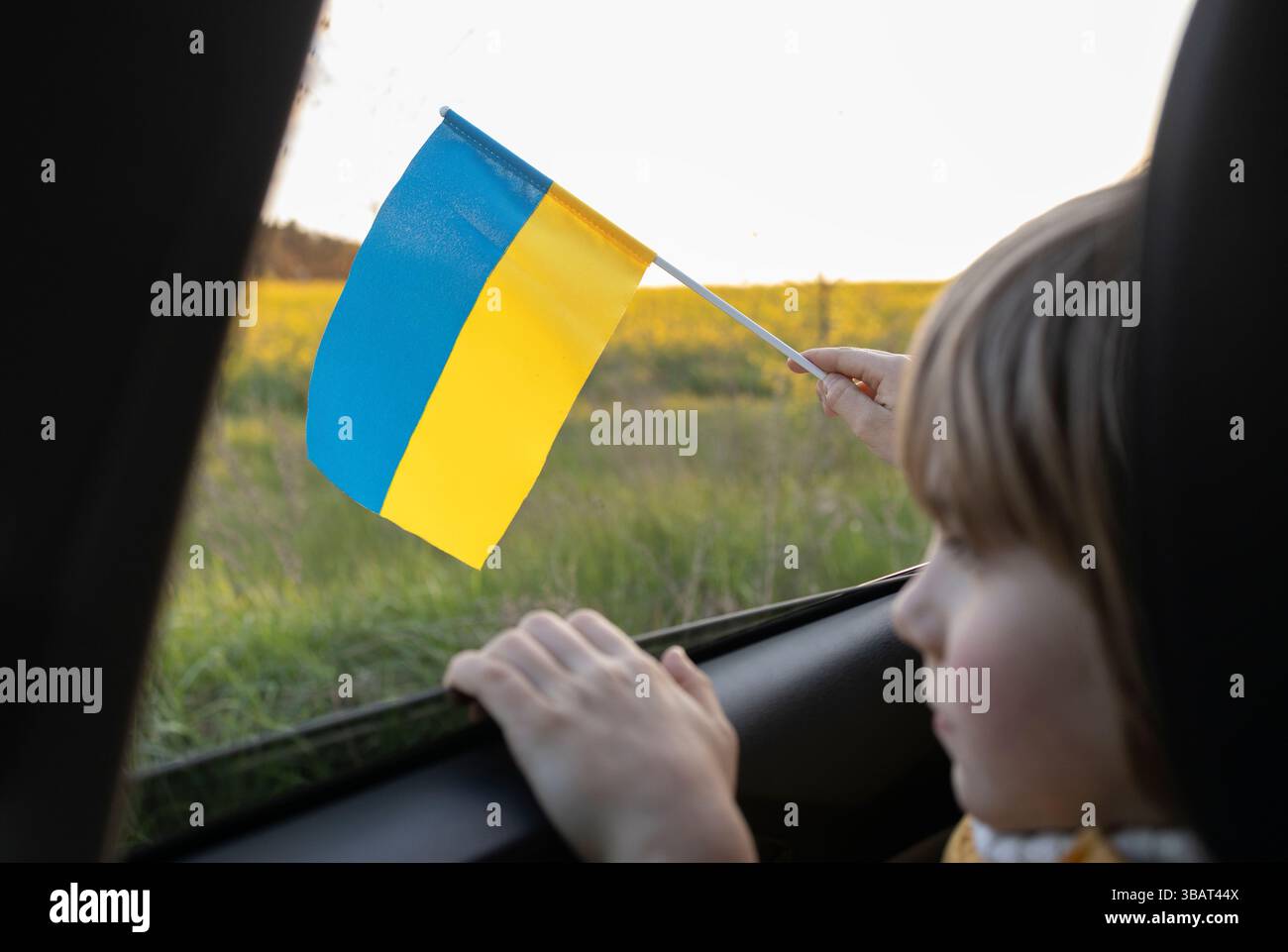 Ukrainian yellow and blue flag in hand of boy looking out of a car ...