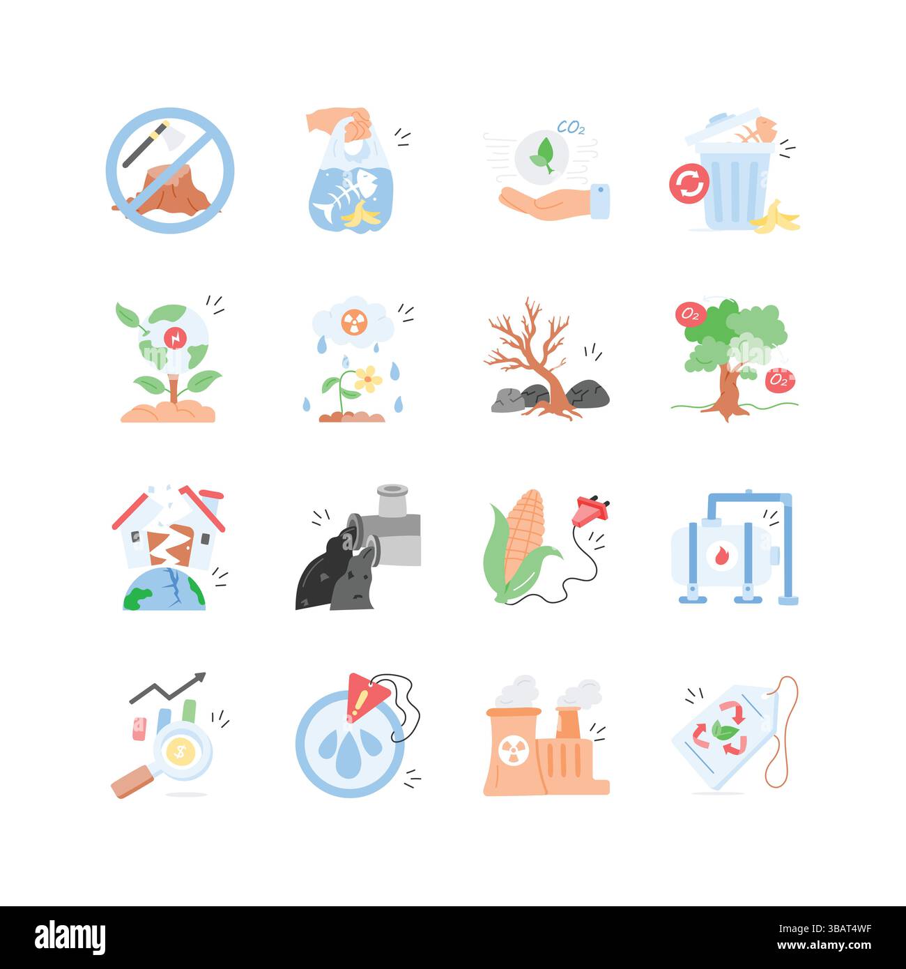This icon set depicts various environmental problems like deforestation ...