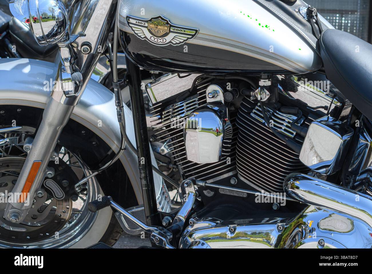 Engine, wheel, and gas tank with logo on a Harley-Davidson motorcycle ...